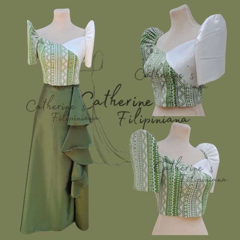 Modern Filipiniana Ethnic Top with Olive Green Ruffles Skirt | Shopee ...