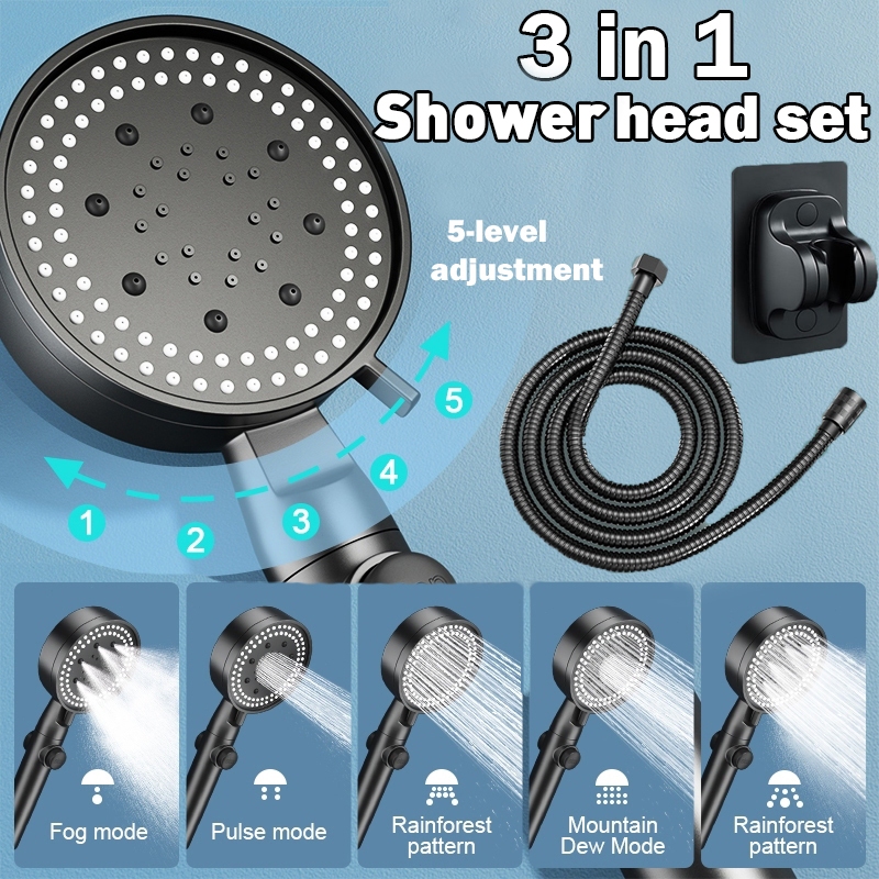 3 in 1 Shower Head Set 5 Gear Booster Shower with Hose Portable ...