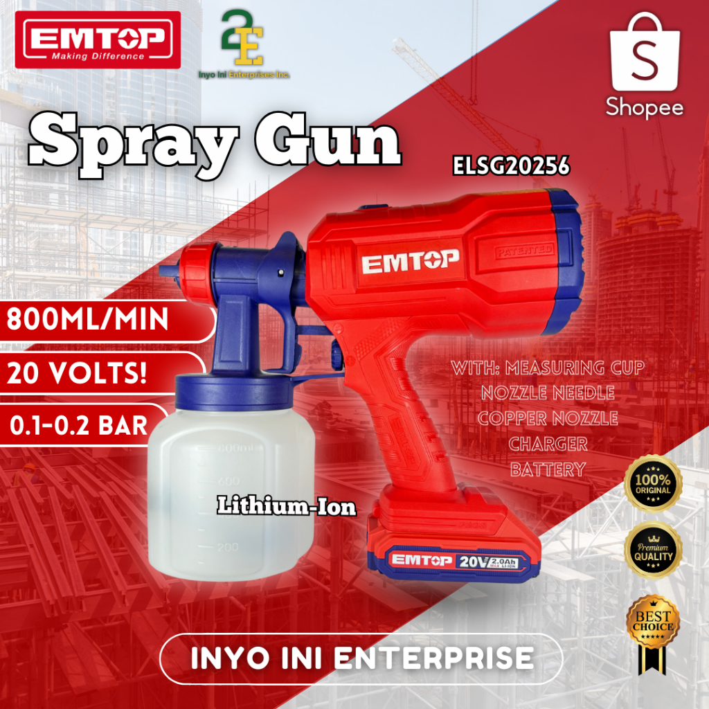 EMTOP Heavy Duty Lithium-Ion Spray Gun ELSG20256 (20 Volts, 0-400/0-1500rpm,Torque: 45Nm ...
