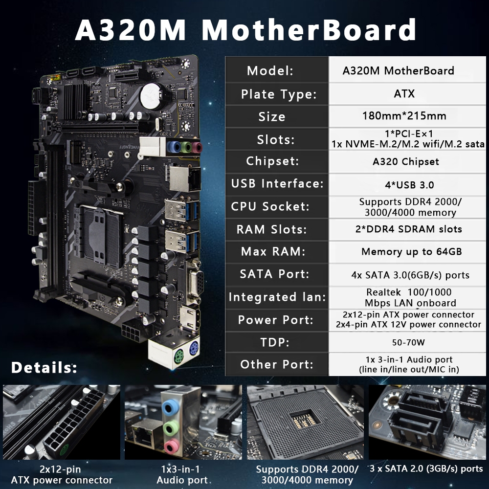 AISURIX A320M Motherboard ATX Support DDR4 Memory Socket AM4 Mobo SATA ...