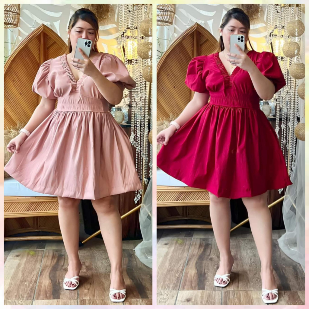 3XL • Mindy Plus Size Puff Sleeves V Neck Babydoll Dress | Shopee ...