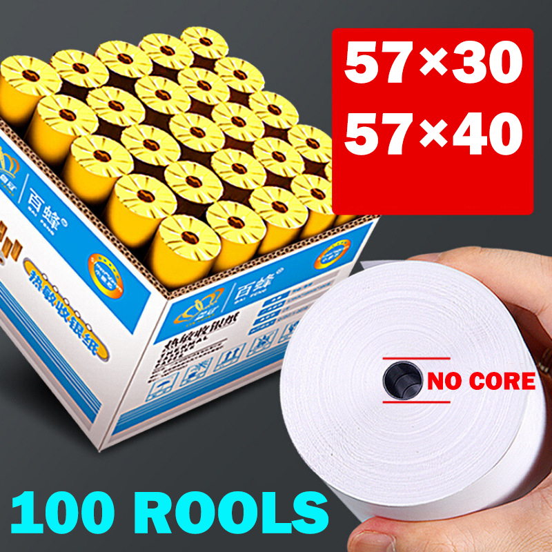 100 Rolls 57x30, 57x40mm Cash Register Printing Thermal Paper Coreless ...