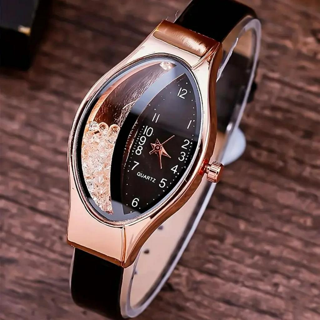Korea Lady Quicksand Rhinestone Oval Dial Faux Leather Strap Analog ...