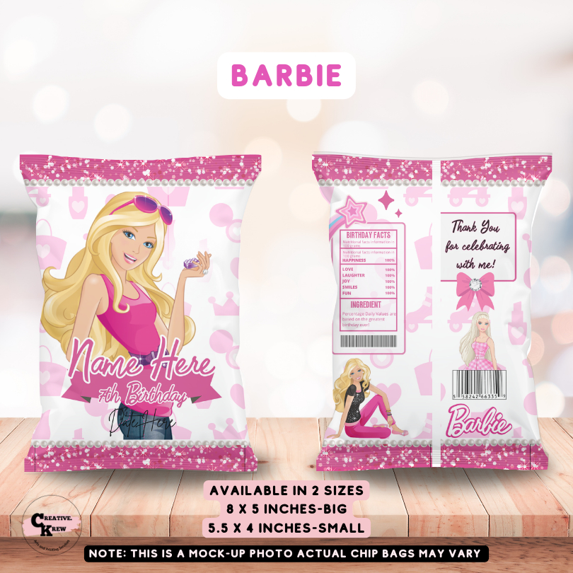 BARBIE Chip Bags Party LootBag Personalize Name Glossy Photopaper A4/A5 ...