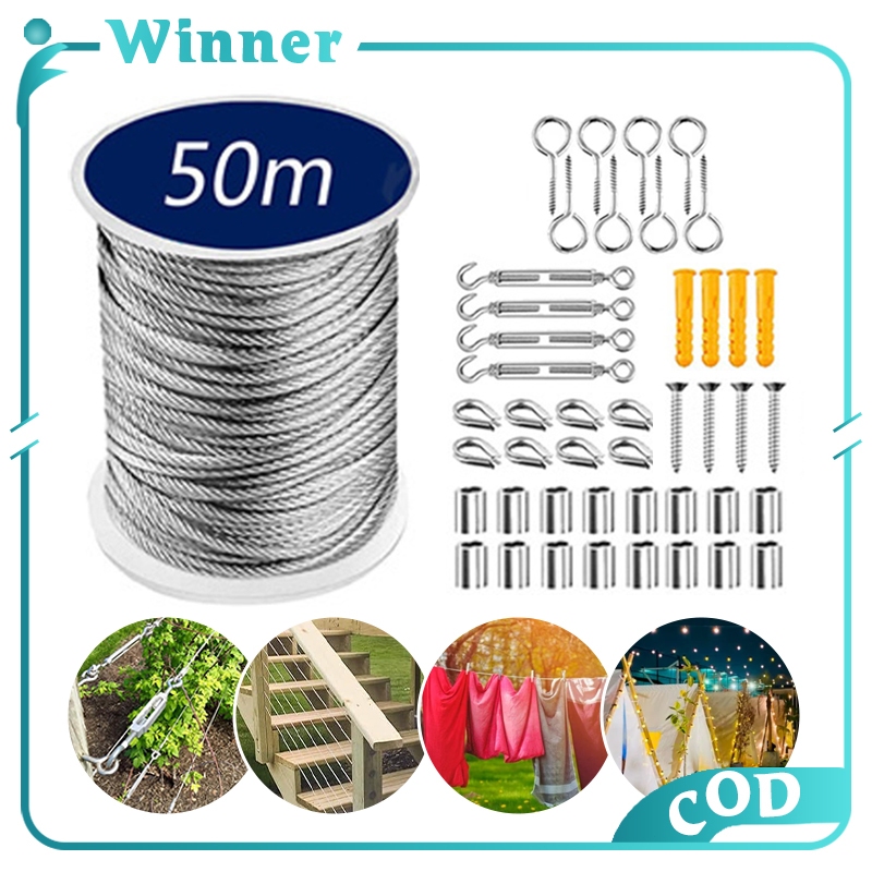 Stainless Steel Wire Rope Kit 50M Heavy Duty Cable Rope Garden Wire ...