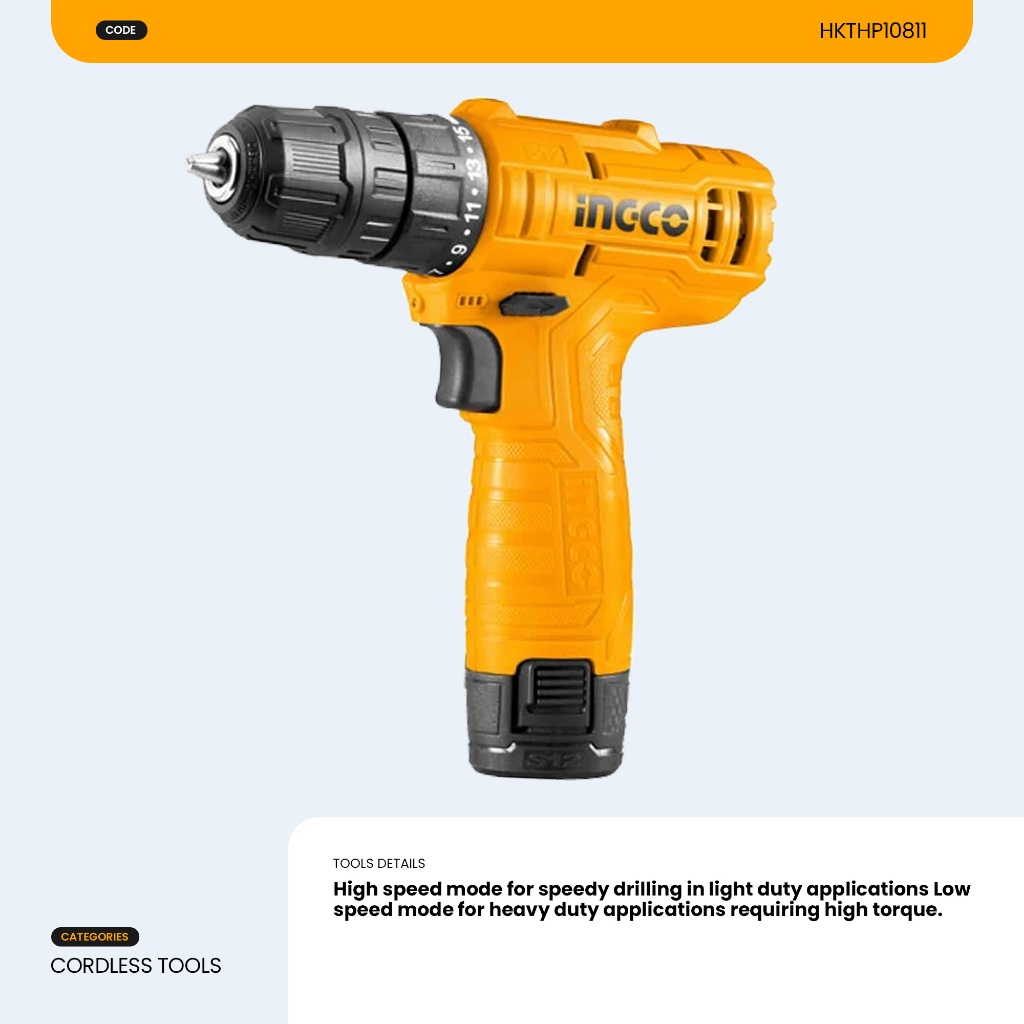 Ingco Tool Kit with 12V Lithium-Ion Cordless Drill w/ Battery & Charger ...