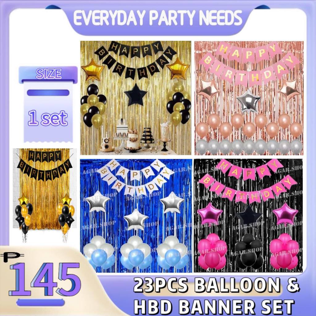 23PCS. BALLOONS AND HAPPY BIRTHDAY BANNER SET PACKAGED PARTY SUPPLY DECORATION | Shopee Philippines