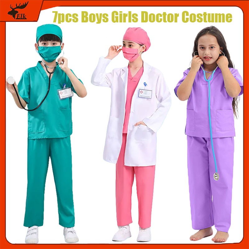 【7pcs Set】Boy Girl Doctor Costume Nurse Uniform Surgical Gown Role Play ...