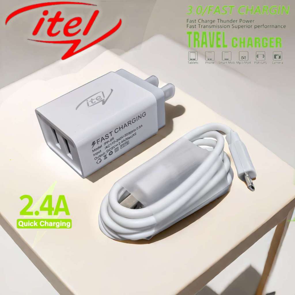 PP05 itel Fast Charger 2.4A Dual USB Port Adapter With Data Usb Cable For Android Micro Type-C ...