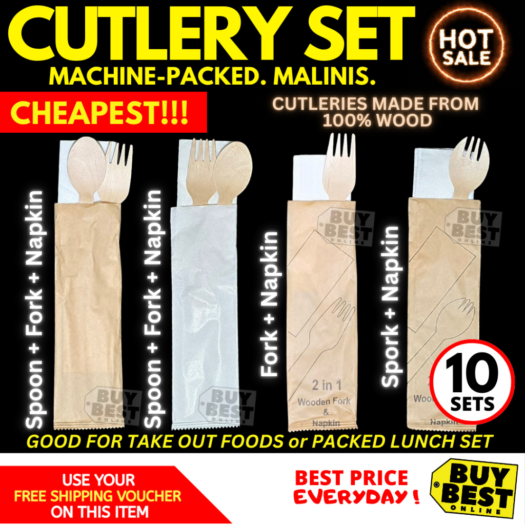 [10 SETS] Bamboo Spoon Fork Tissue Cutleries Sets Eco-friendly ...