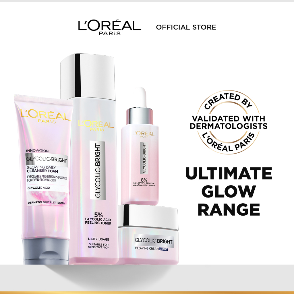 LOreal Paris Glycolic Bright Glow Set: Cleanser 100mL, Toner 128mL, Serum 30mL, Night Cream 50mL ...