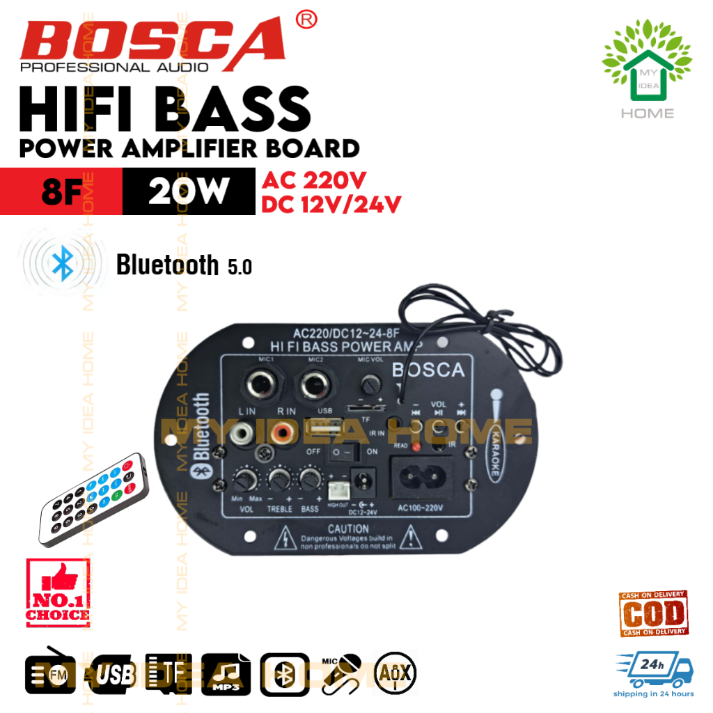 Bosca 20W HIFI Bass Power Amplifier Board AC220V DC12V/24V Dual Mic Car ...