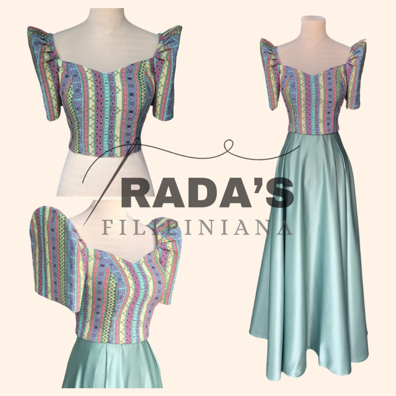 Modern Filipiniana Rainbow Ethnic Top with Pleated Sage Green Skirt ...