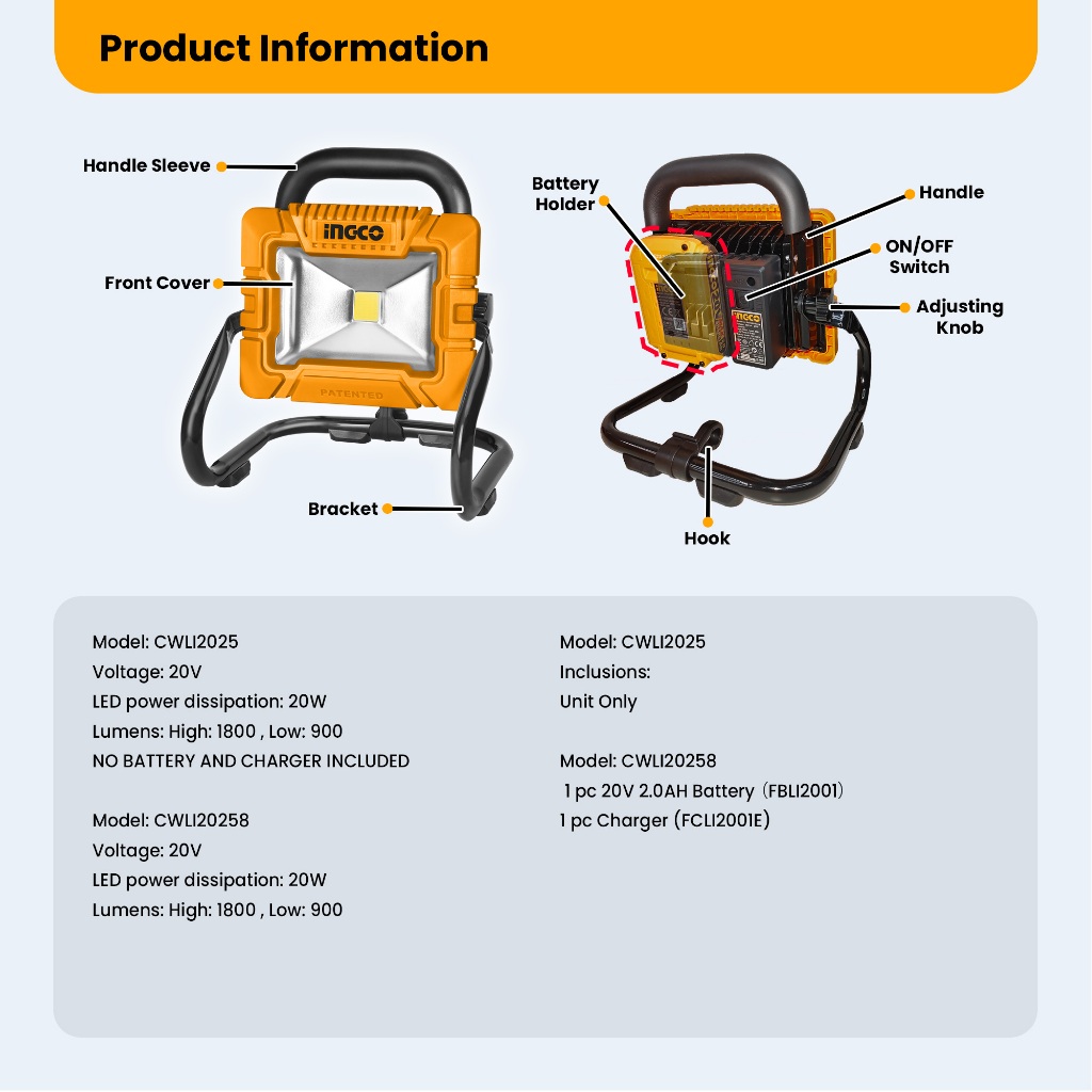 Ingco 20V Lithium-Ion Cordless Work Lamp Flashlight P20S CWLI2025 ...