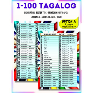 Number 1-100 Tagalog laminated educational wall chart back to back print a4 size 11.7x8.3 in ...