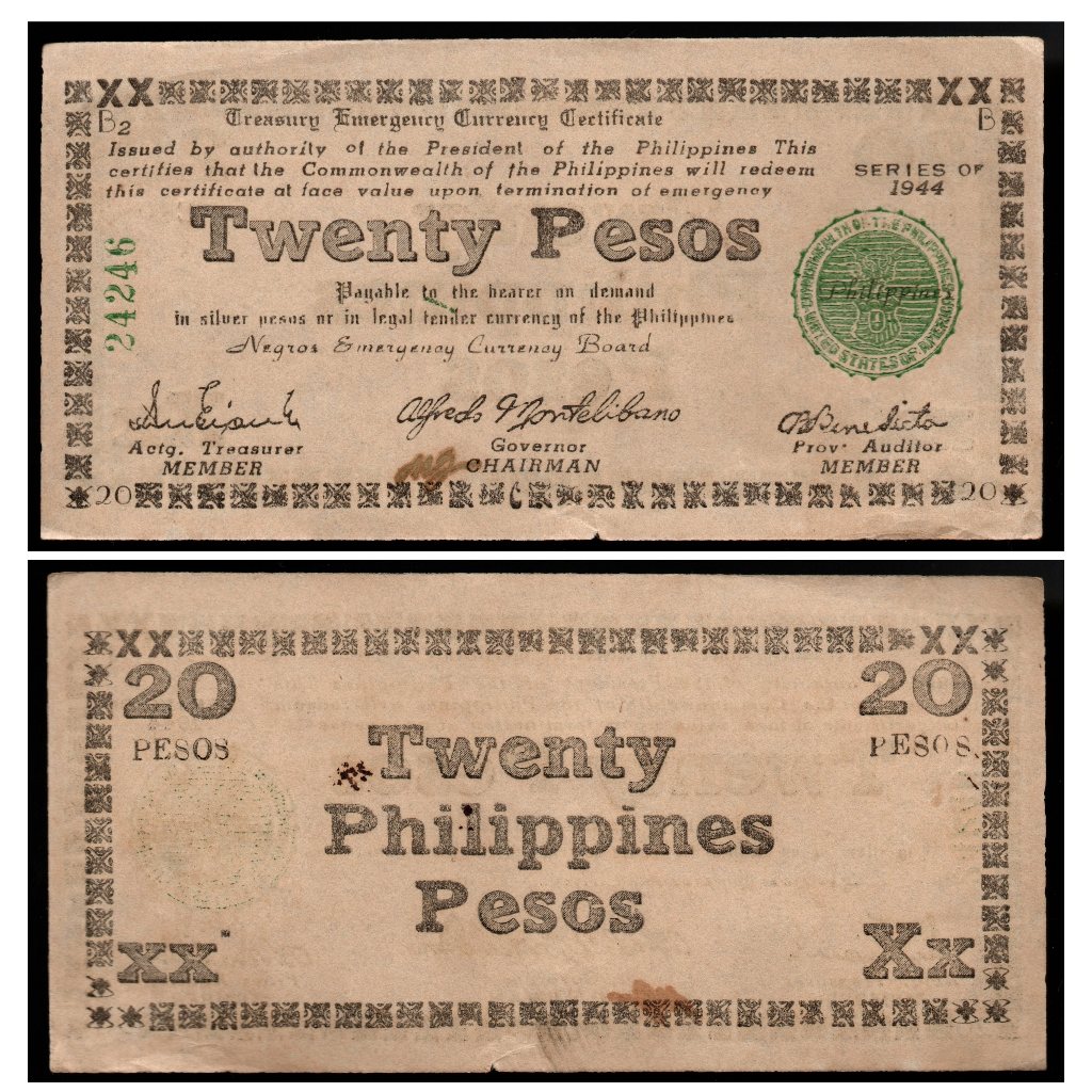 PHILIPPINES Negros Emergency Note 1944 20₱ Pesos S678 White Paper WW2 ...