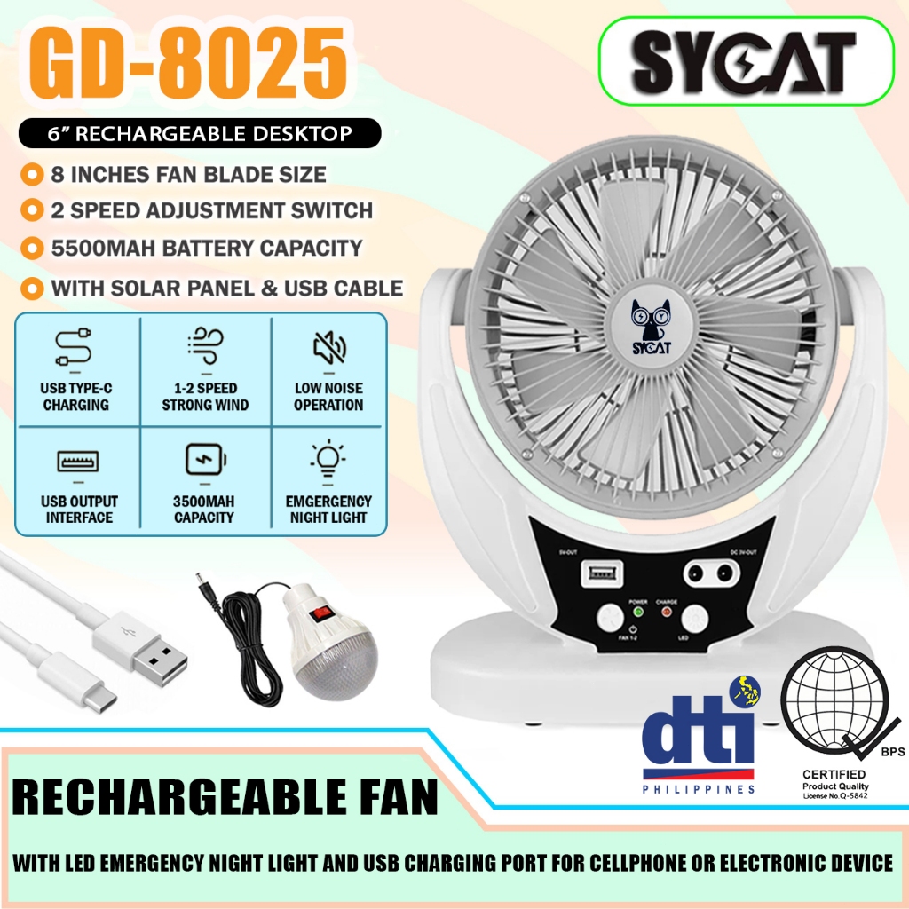 SYCAT GD8025 Solar Fan With Light Built-in Battery Large Portable ...