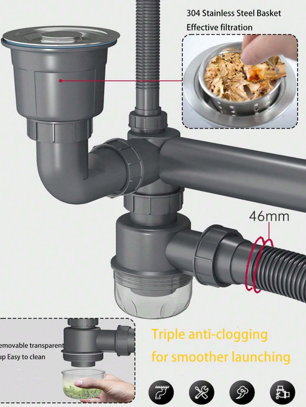 sus304 Sink Drainer P Trap Set Pipe Accessory Double Sink Drain Pipe ...