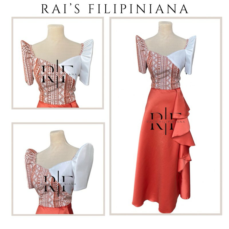 Modern Filipiniana Ethnic Katie with Raffles Skirt Rust Orange | Shopee ...