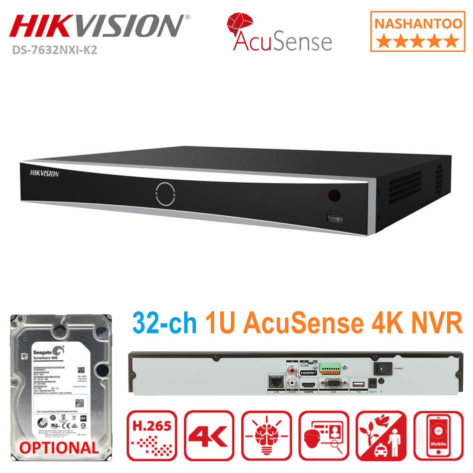 Hikvision DS-7632NXI-K2 32Channel 4K AcuSense, 256Mbps Incoming Bandwidth IP NVR (NO POE Port ...