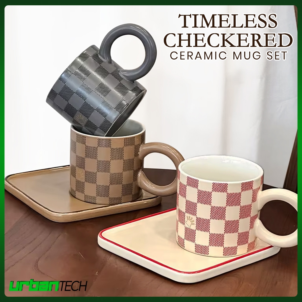 Checkered Design Ceramic Mug with Saucer Minimalist Coffee Cup - 200ml ...
