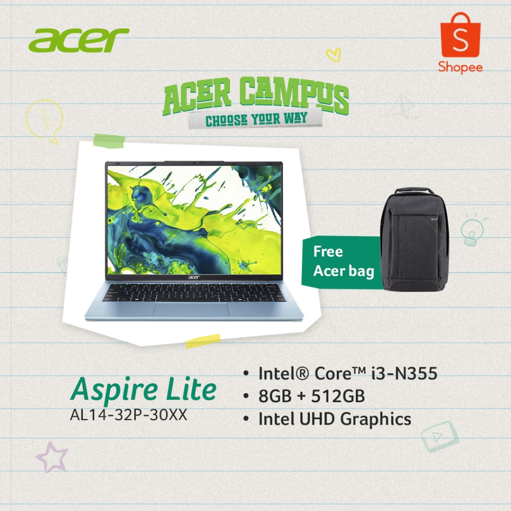 Acer Aspire Lite AL14-32P-30XX Laptop | 14" IPS | Intel Core i3 | 8GB + 512GB | Shopee Philippines