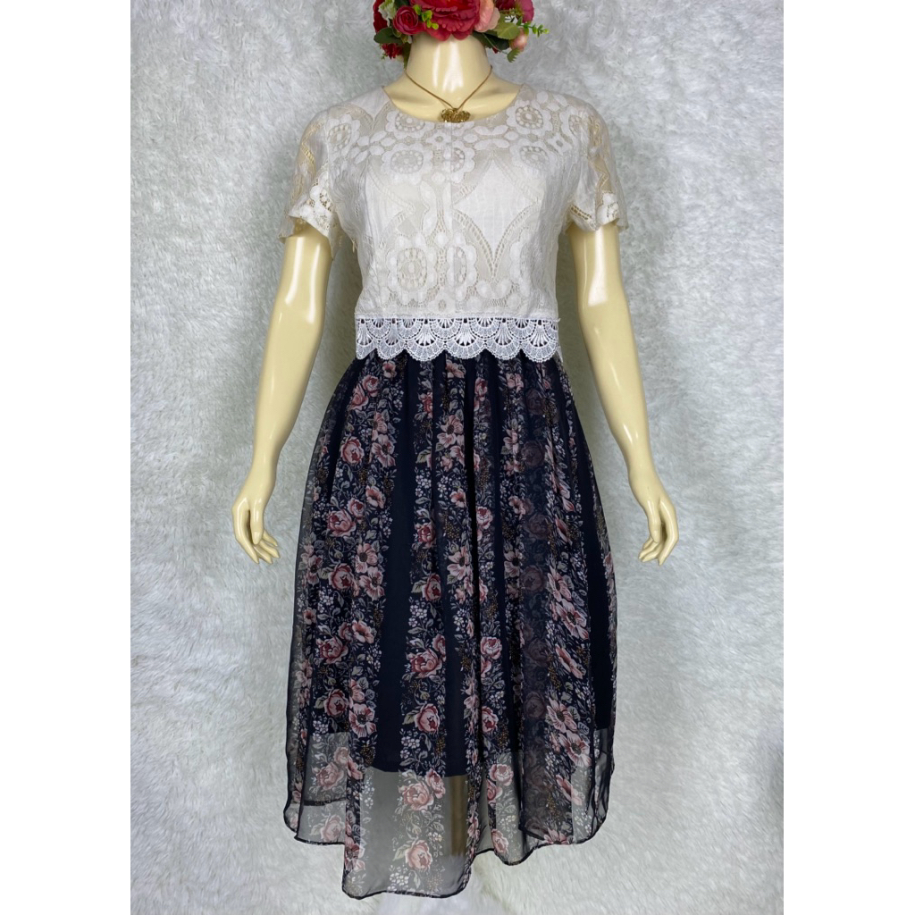 Premium Preloved Selection Floral Black and White Eyelet Upper Dress ...