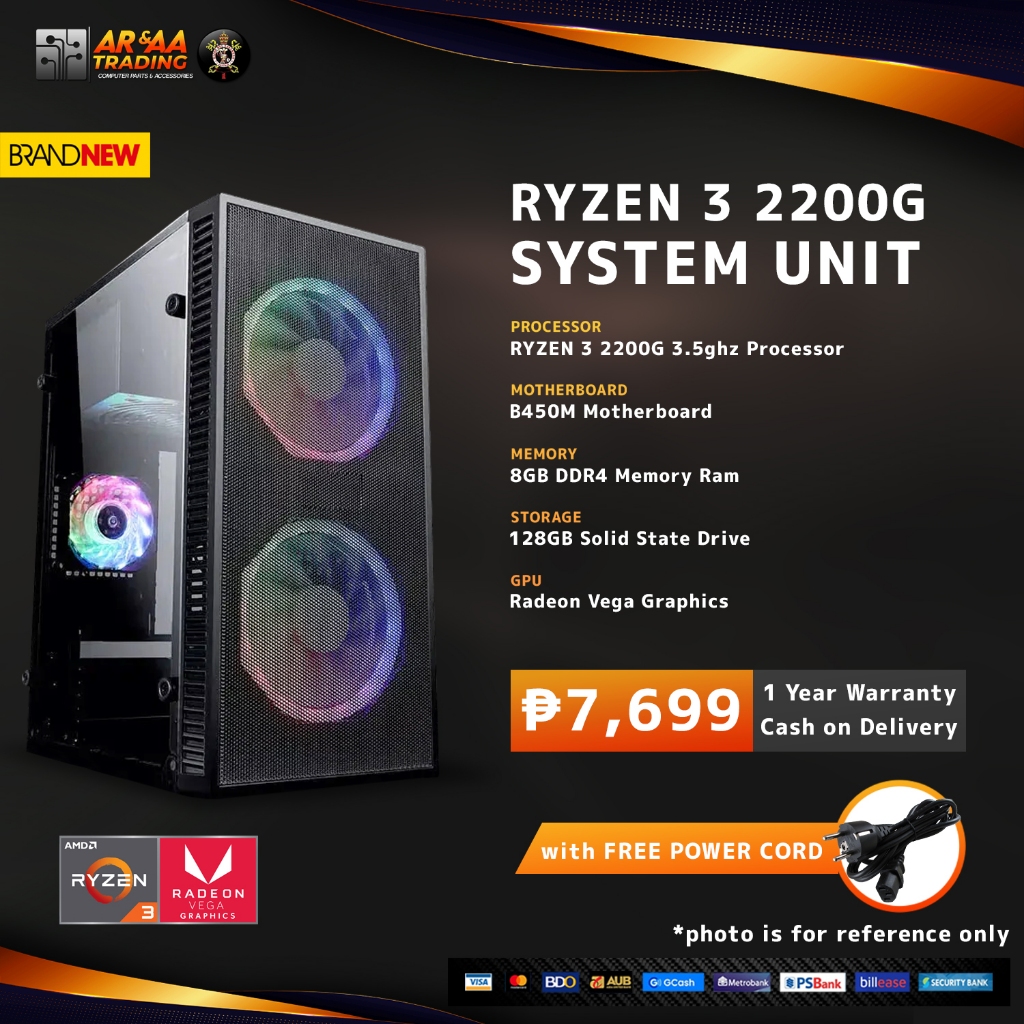 BRANDNEW SYSTEM UNIT AMD RYZEN 3 2200G 8GB RAM 128GB SSD STANDARD CASE ...
