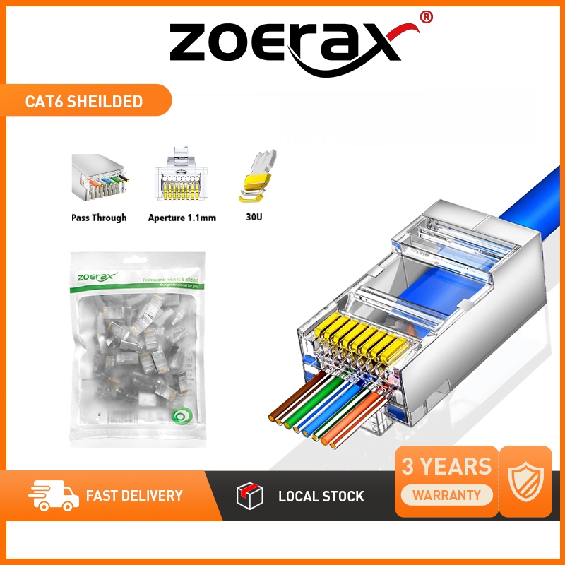 ZoeRax Pass Through RJ45 Connector, Cat6 30u Gold Plated Shielded ...