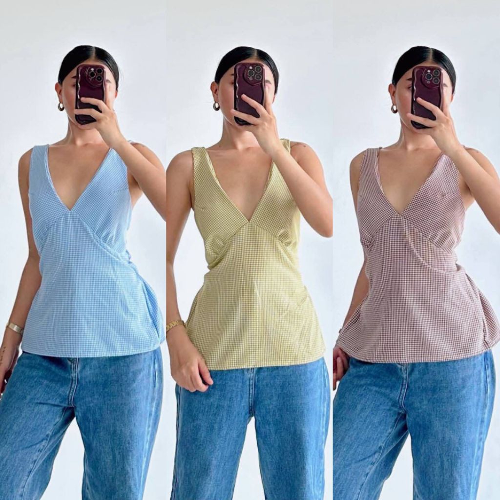 Sanina Womens | R- 5074 V Neck Checkered Top Sleeveles Back Gartered ...