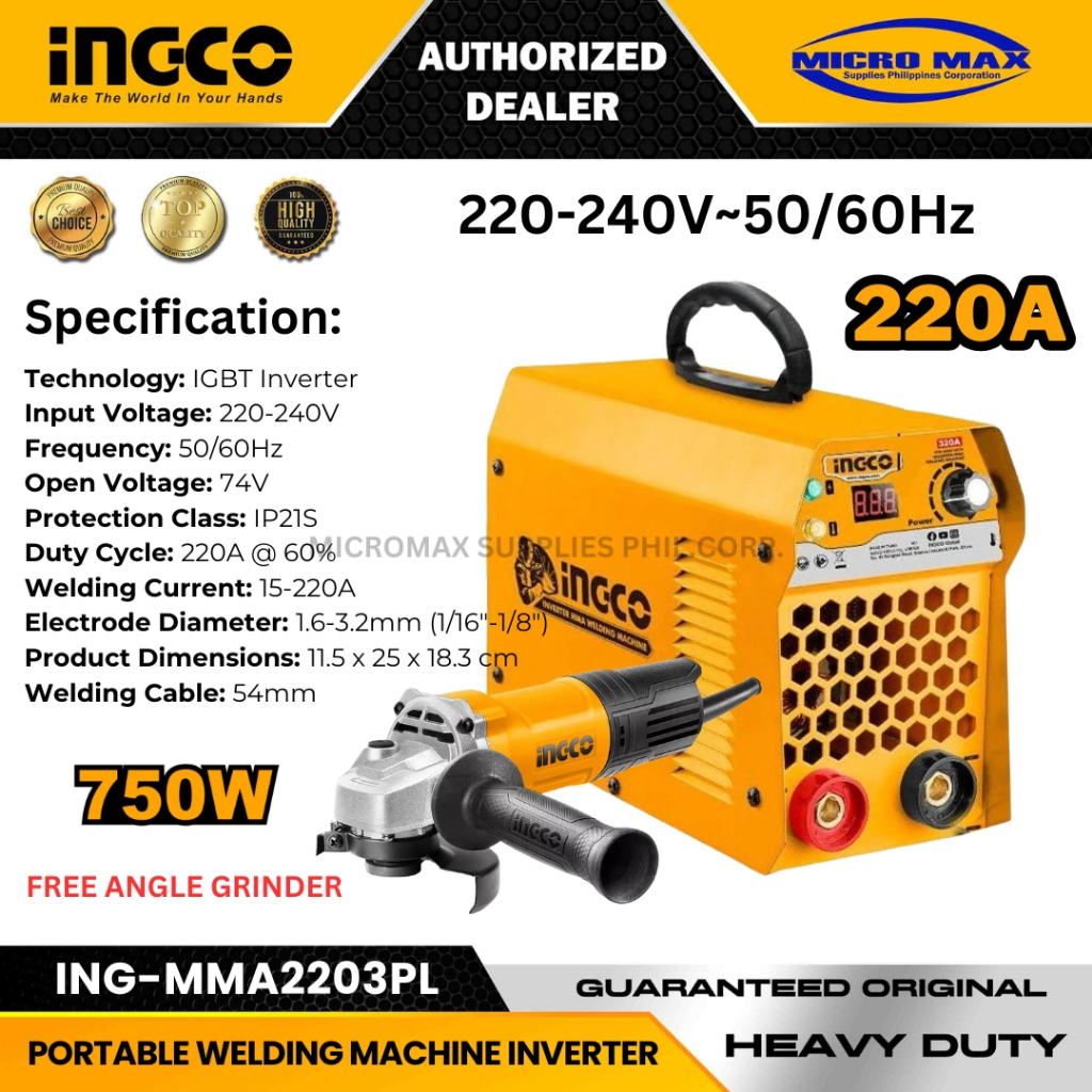 INGCO (ING-MMA2203PL) Portable Welding Machine Inverter IGBT ARC MMA ...