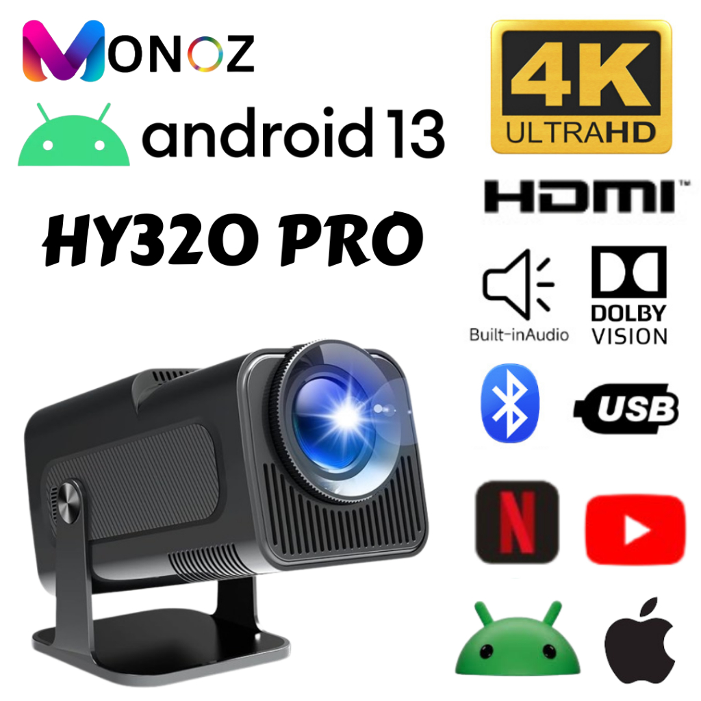HY320 Pro 4K Smart Projector Android 13 WiFi BT5.0 180° Flip Full HD ...