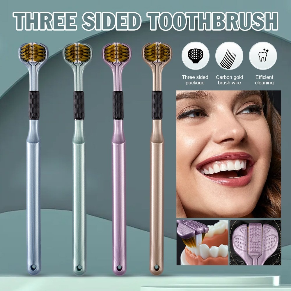 3 Sided Adult Soft Toothbrush 360° Wraparound Cleaning Three Head ...