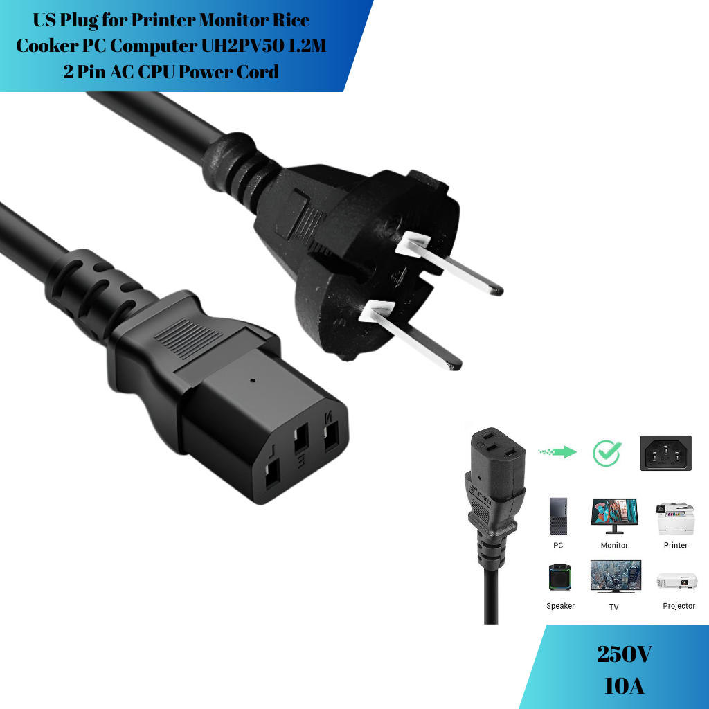Power Cord US Plug for Printer Monitor Rice Cooker PC Computer 2 Pin AC ...