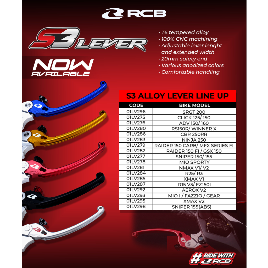 RCB Alloy Lever Set S3 for Honda Motorcycles (Click125/150/160 Combi|ADV150/PCX160|RS150R/Winner ...