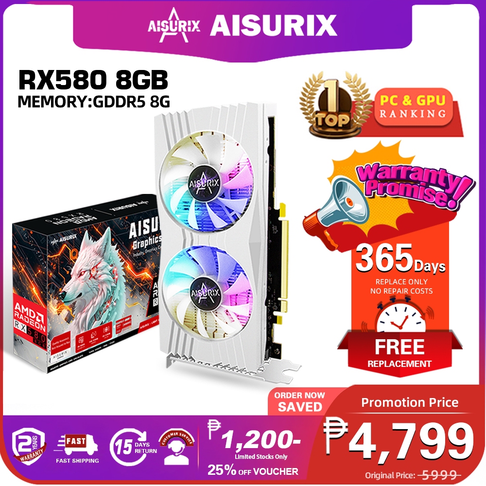 AISURIX RX580 8G Colorful RGB Graphics Card GDDR5 256Bit Computer GPU ...