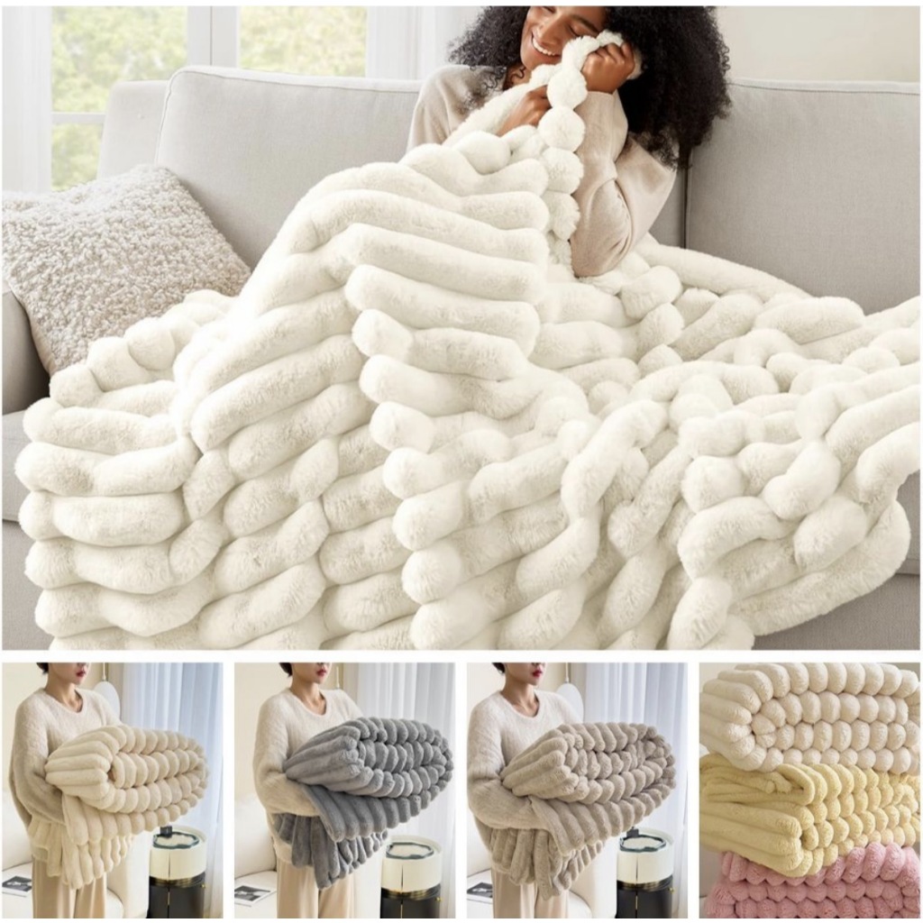 New Cotton Solid Color Blanket Soft Plush Striped Blankets | Shopee ...