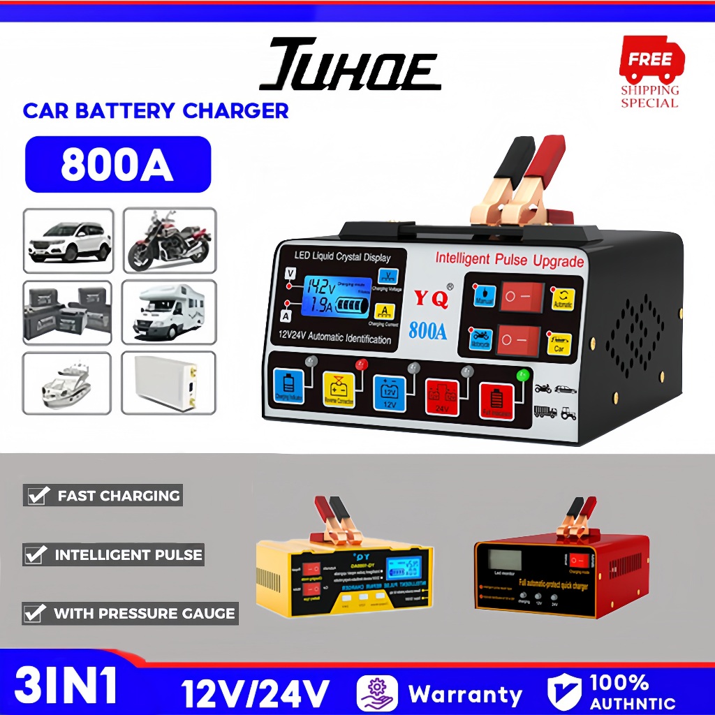 800A Car Battery Charger 12/24V Intelligent Pulse Repair Battery Fast ...