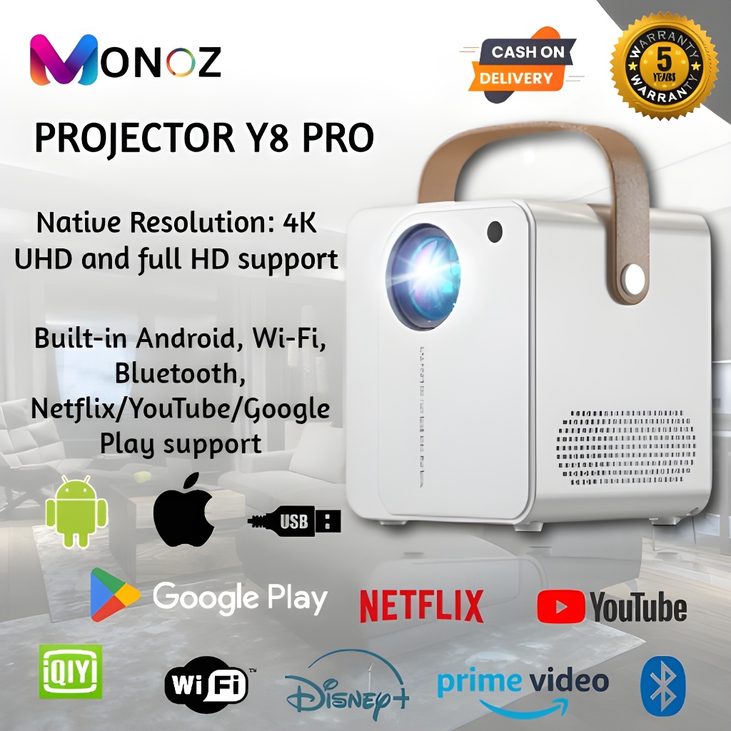 MONOZ Y8 Pro Mini Projector | 4K Android WiFi Bluetooth | Netflix ...
