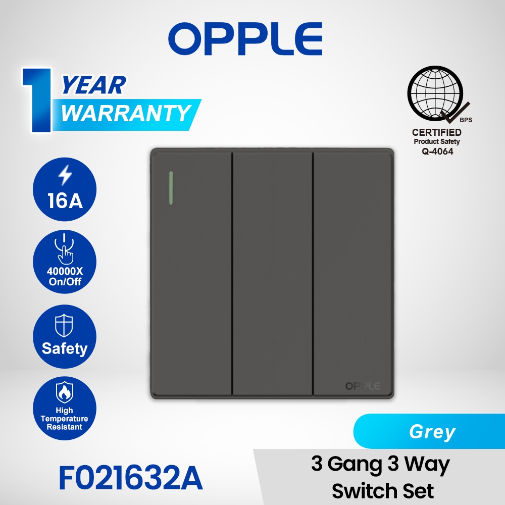 OPPLE Safety Wall Switch 3 Gang 3 Way Push On/Off Fireproof Silver Grey ...