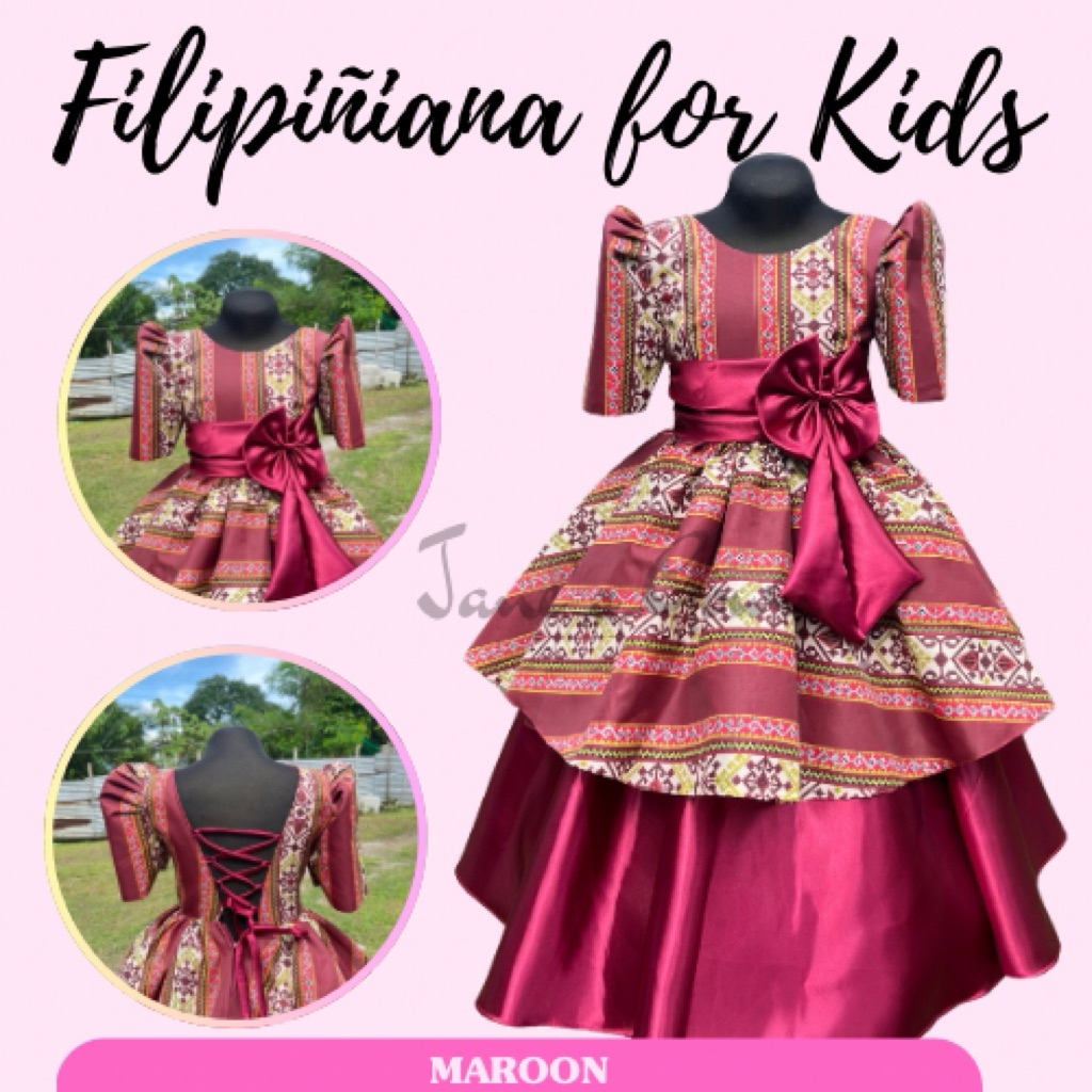 Jane's Gown Ethnic Filipiniana Dress for KIDS with Pilon (Maroon ...