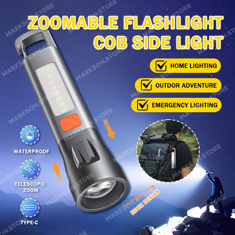 COB Side Light Flashlight Telescopic Zoom Rechargeable Waterproof Hook ...