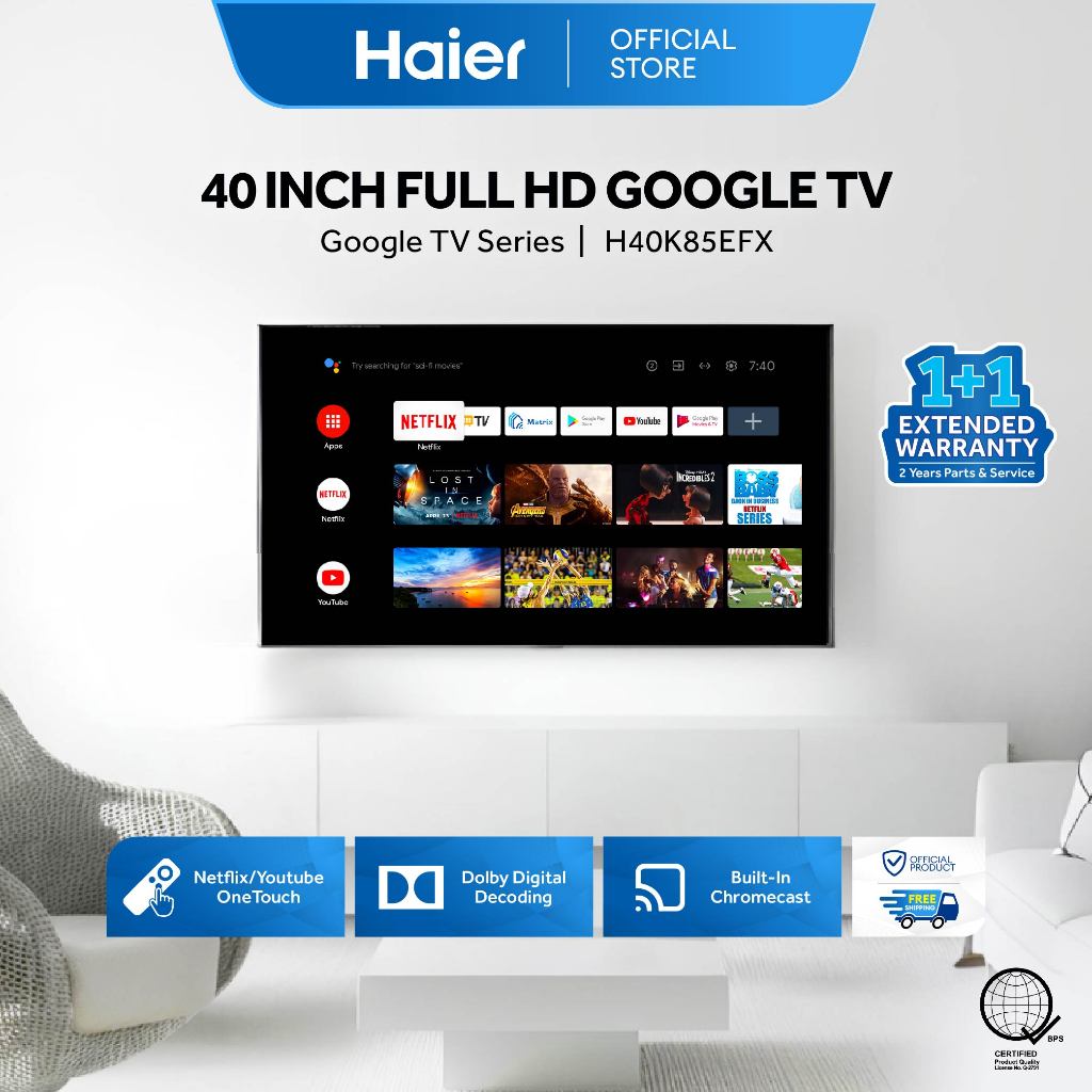 Haier H40K85EFX 40 Inch Google TV (Netflix & Youtube One Touch, Google ...