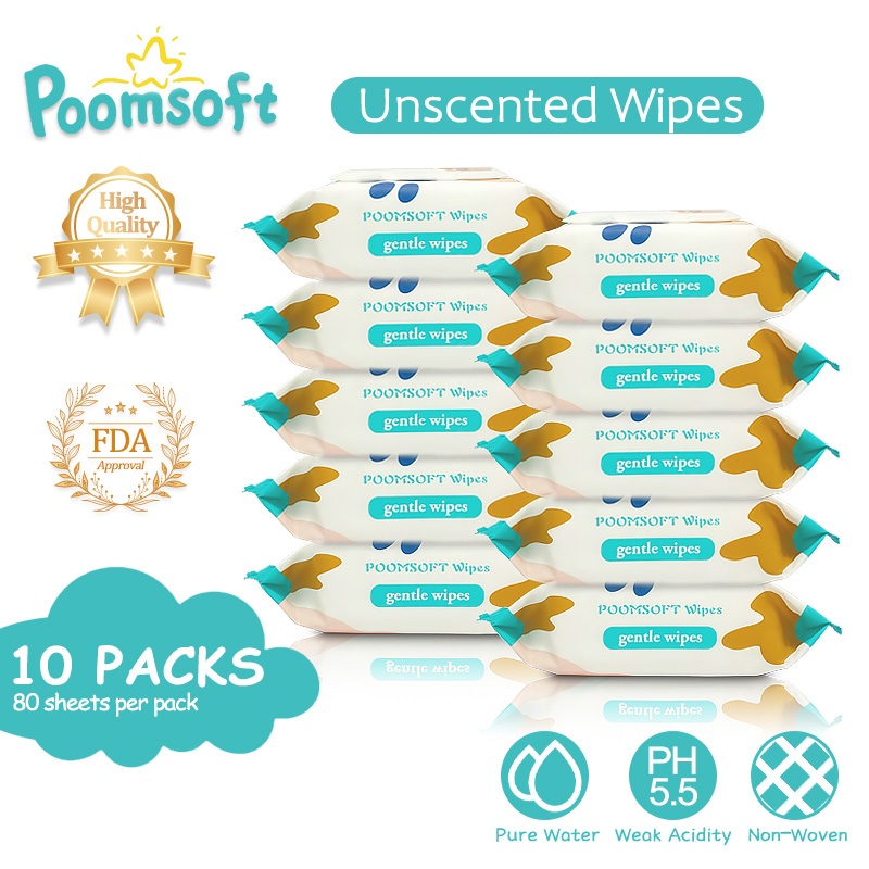 Poomsoft 10 Packs x 80 Sheet Non-Alcohol Unscented Safe Baby Gentle ...