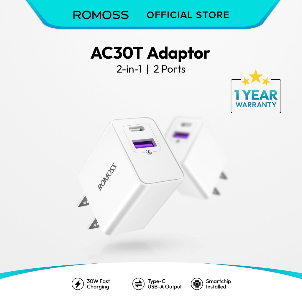 Romoss Ac30t Pd30w Super Fast Charging USB Type C Dual Charger Adapter ...