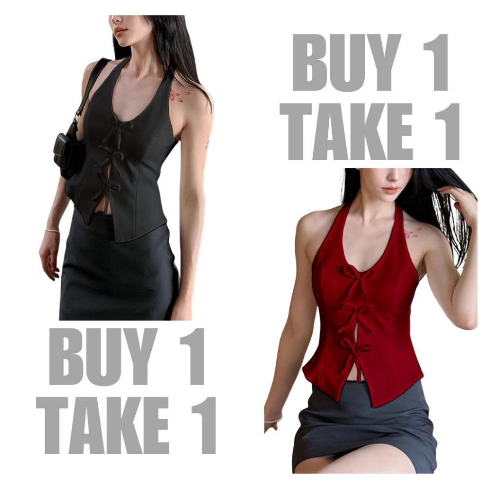 Buy 1 Take 1 Casual Sleeveless Top Halter Neck Bow Decorated Tank Tops ...