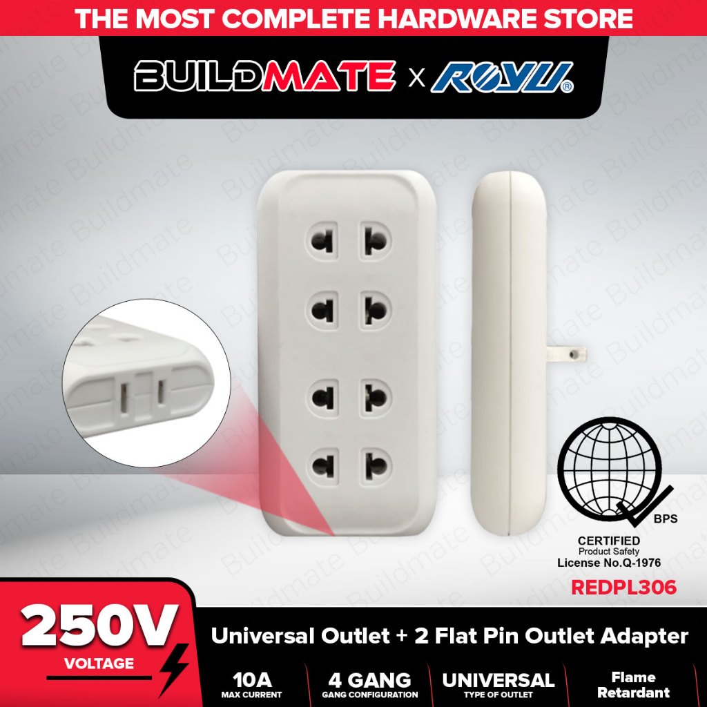 Buildmate x ROYU 4-Gang Universal Outlet + 2 Flat Pin Outlet Adapter ...