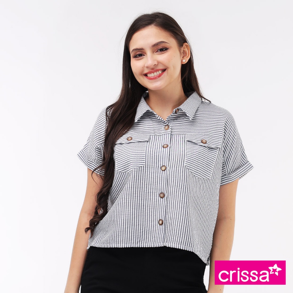 Crissa Stripes Cotton Short Sleeves Blouse CLT28-0071 | Shopee Philippines