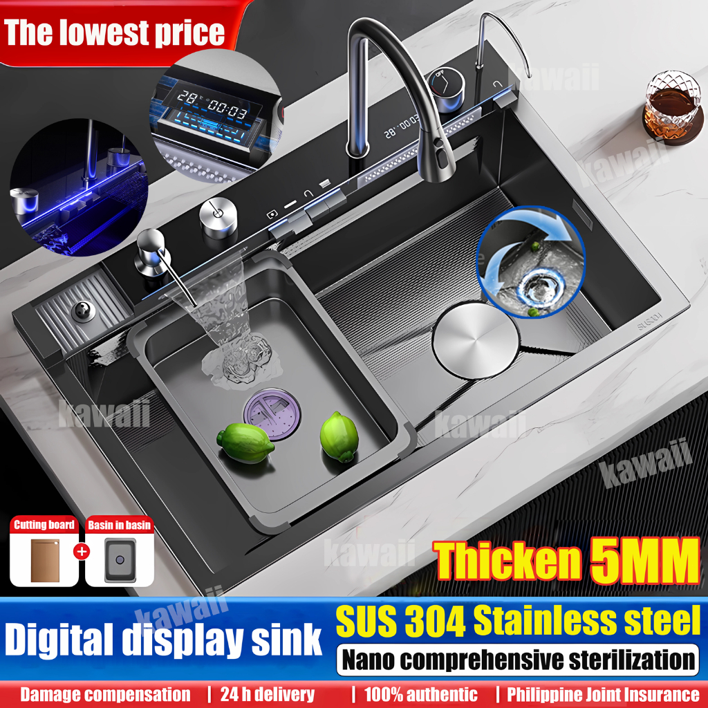 Digital Display kitchen Sink Lababo Stainless Steel Sink With Waterfall ...