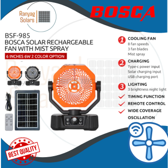 BOSCA BSF-985 6" Solar Rechargeable Mist Fan 8-Speed Cooling with Spray ...